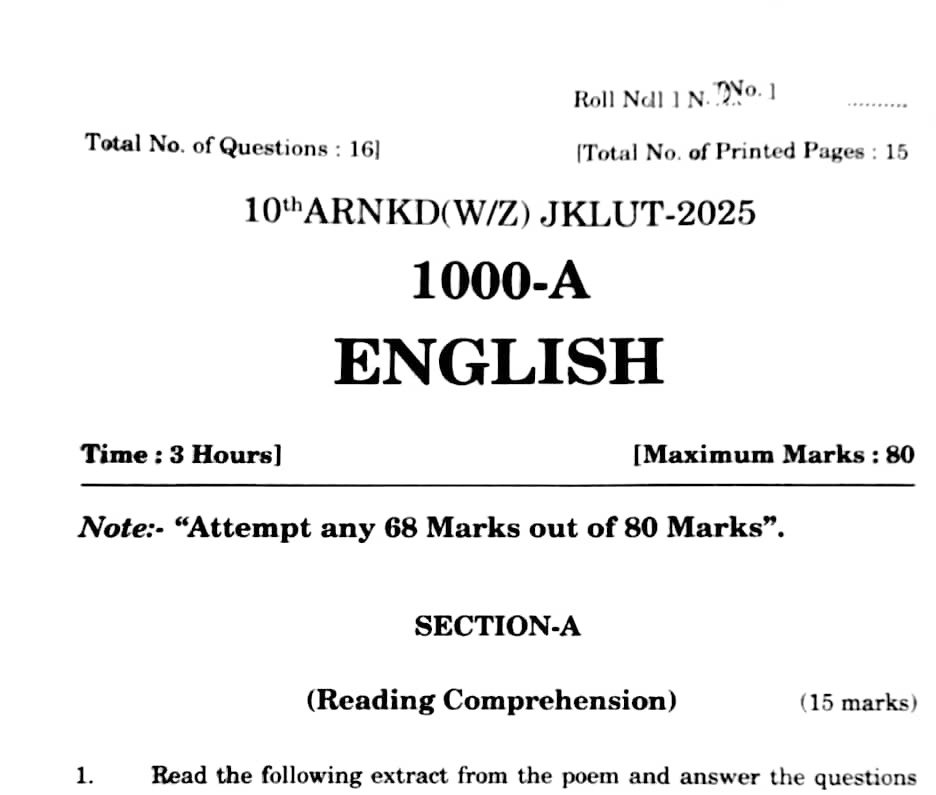 JKBOSE 10th English Paper 2025 Held Today – Download Question Paper PDF ...